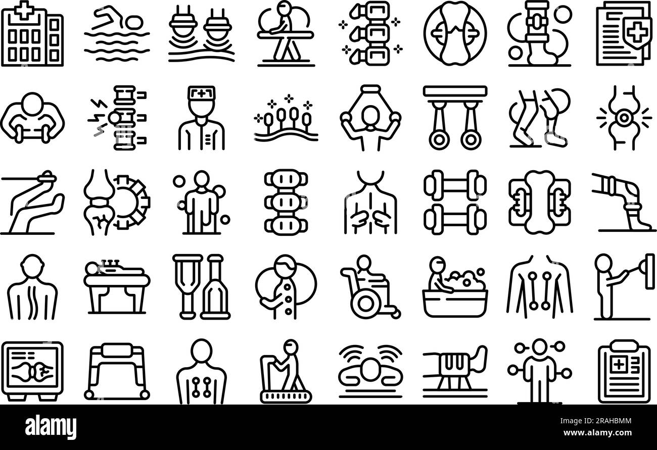 Physiotherapy icons set outline vector. Treatment exercise. Session ...