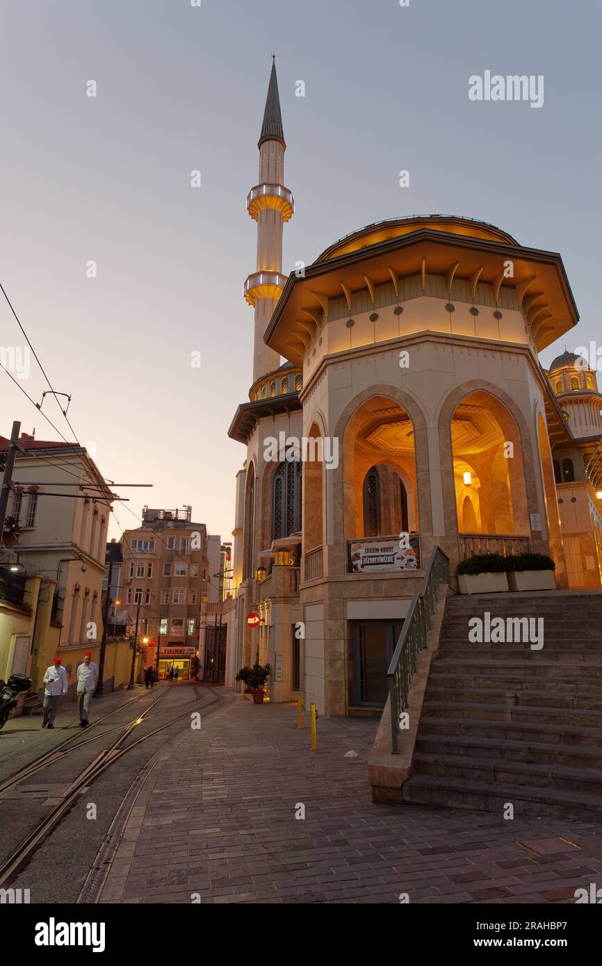 Exterior of the Taksim Mosque on a summers night, Taksim Square ...