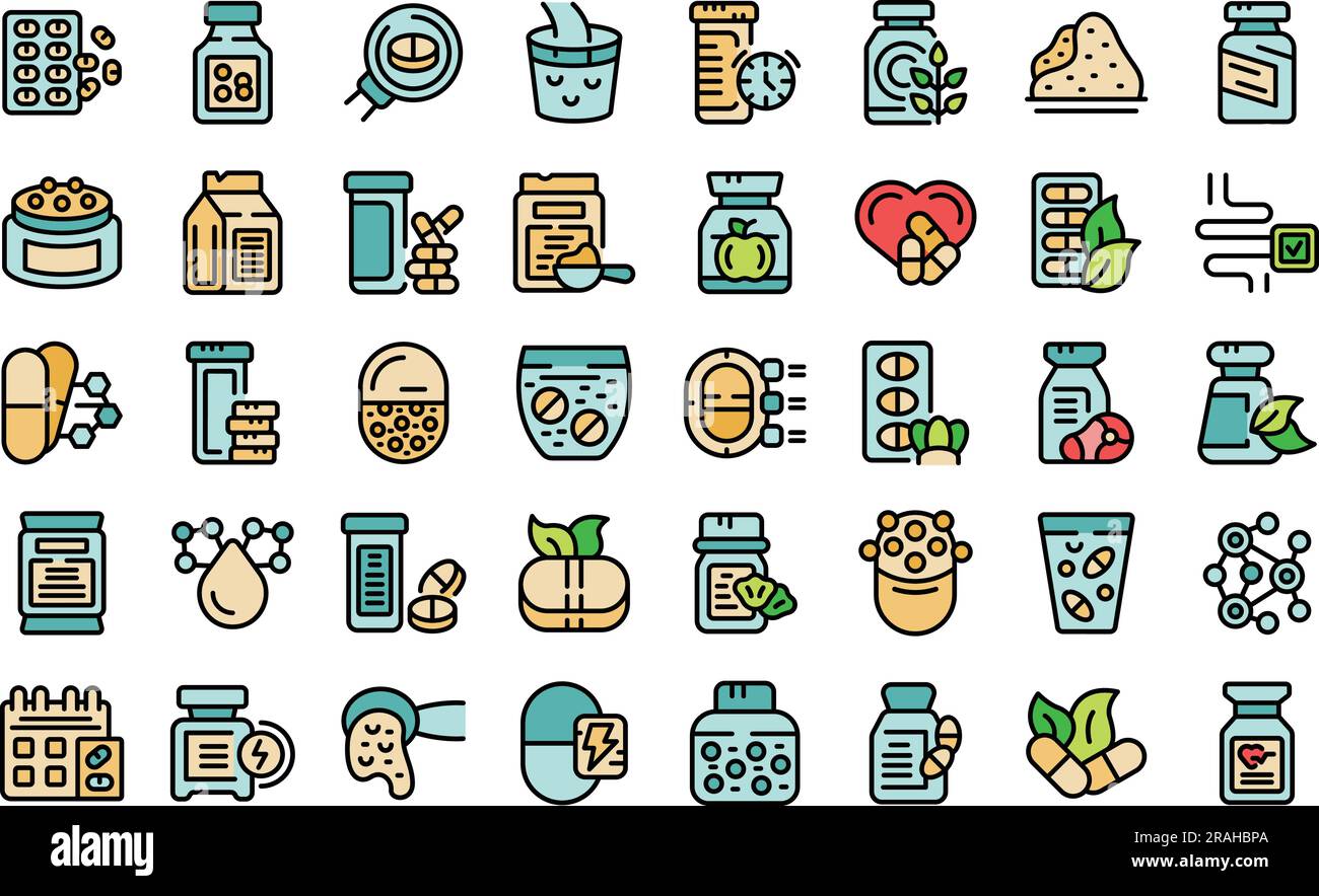 Dietary supplements icons set outline vector. Vitamin bottle. Capsule ...