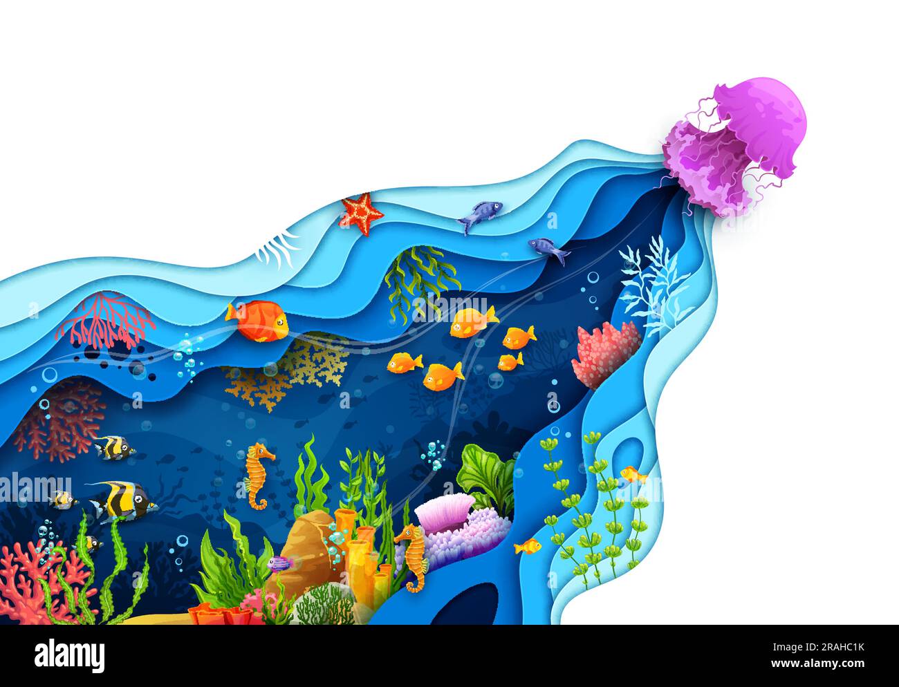Cartoon underwater sea landscape paper cut. Jelly fish, fish shoal and ...