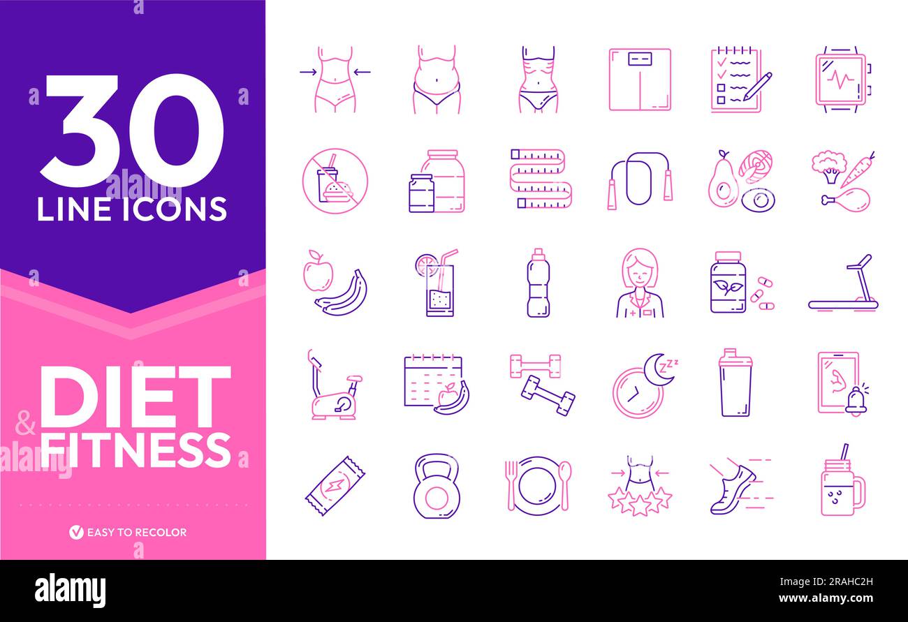 Outline icons. Diet nutrition, healthy food, fitness sport, weight ...