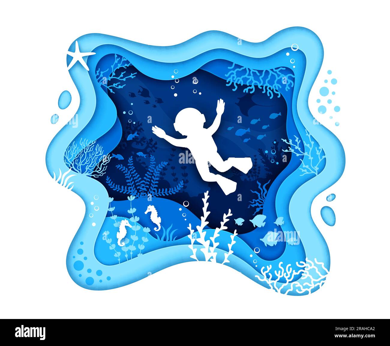 Diver silhouette on sea paper cut landscape. Seahorse, seaweeds and ...