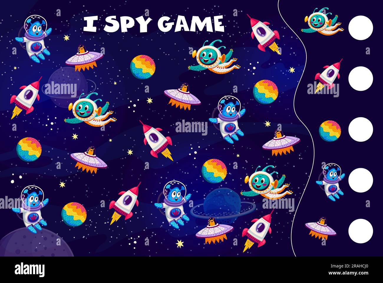 I spy game worksheet. Cartoon aliens and ufo in outer space. Kids ...