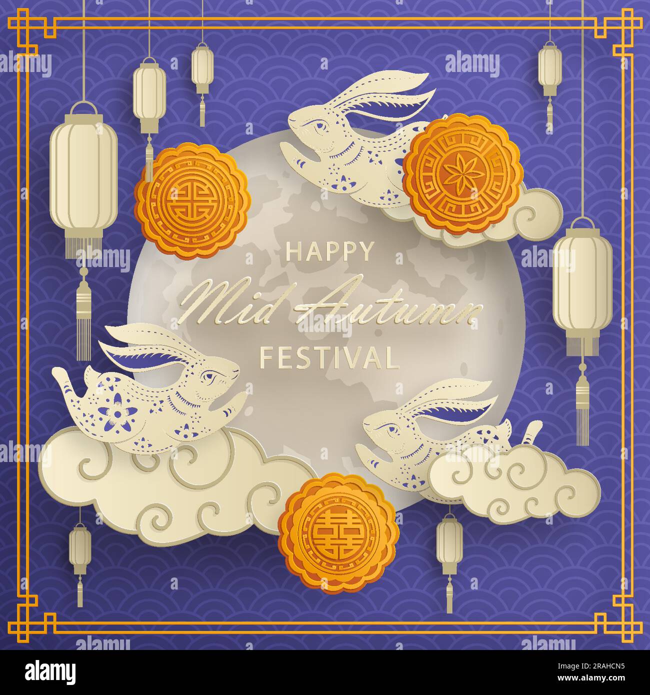 Chinese Mid Autumn Festival with gold paper cut art and craft style on ...