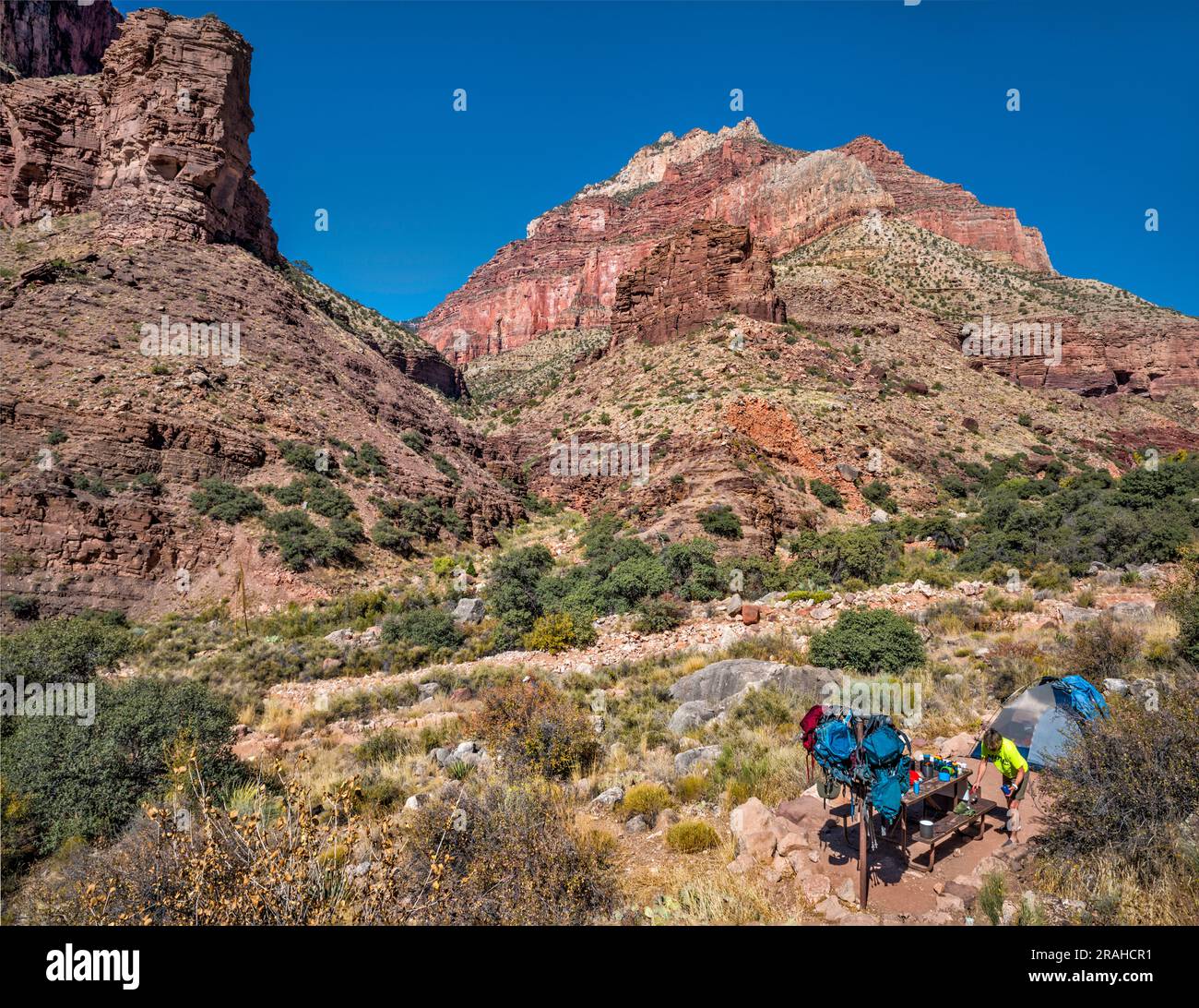 Bright Angel Point formation over campsite at Cottonwood Campground ...