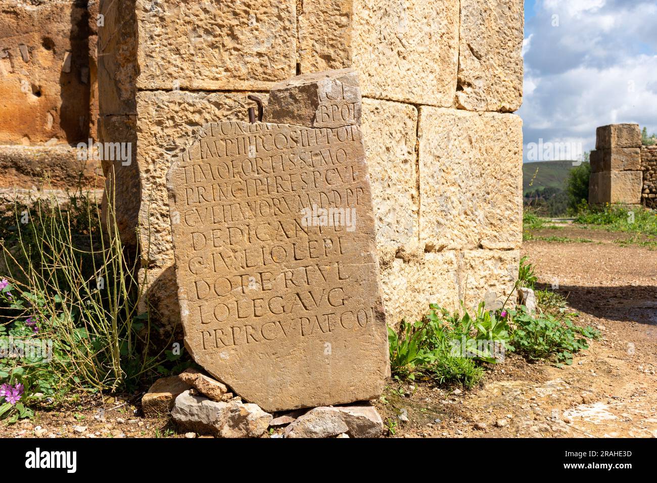 Stone with an inscription in Latin script in the ancient town of Cuicul ...