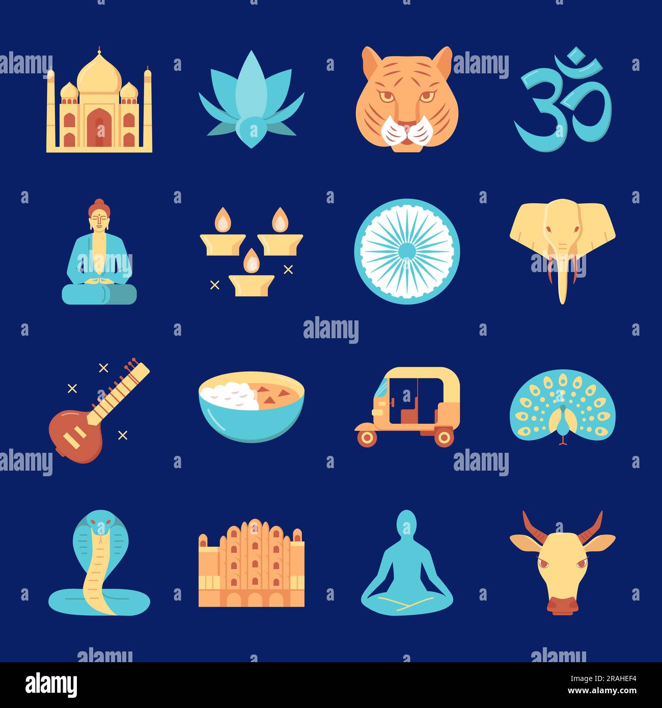 India icons set in flat style. National symbols including Buddha, Taj ...