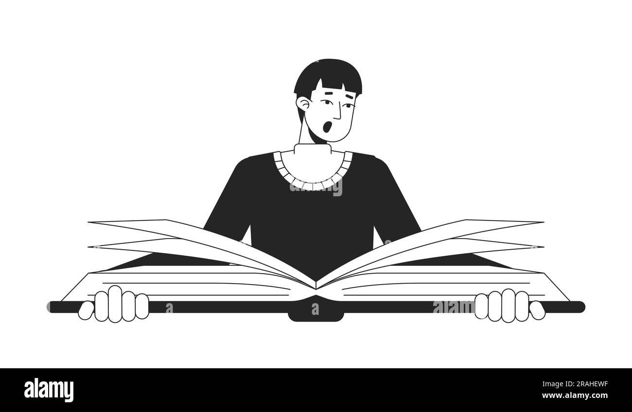 Shocked asian man reading big book flat line black white vector ...