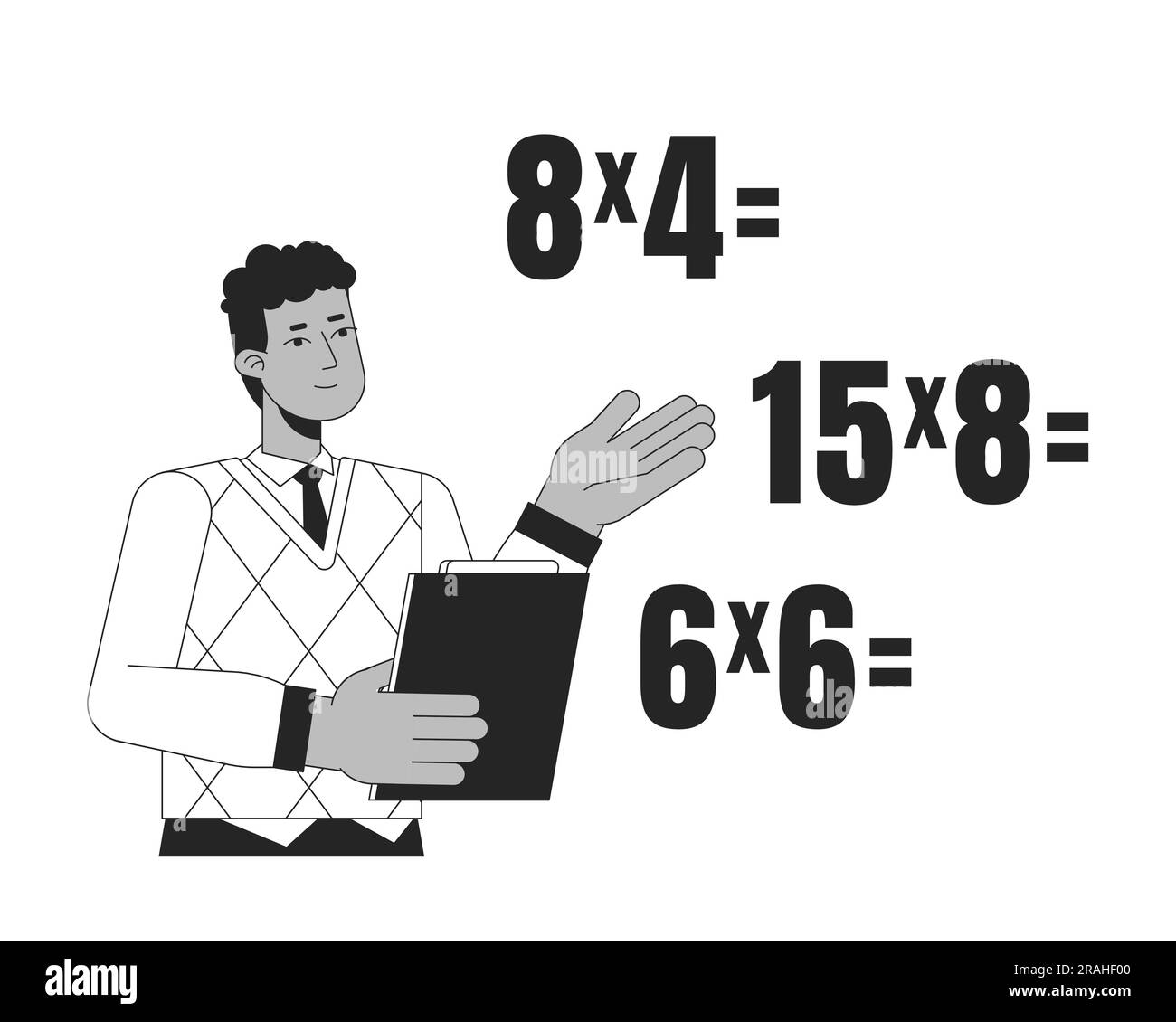African american teacher teaching math flat line black white vector ...