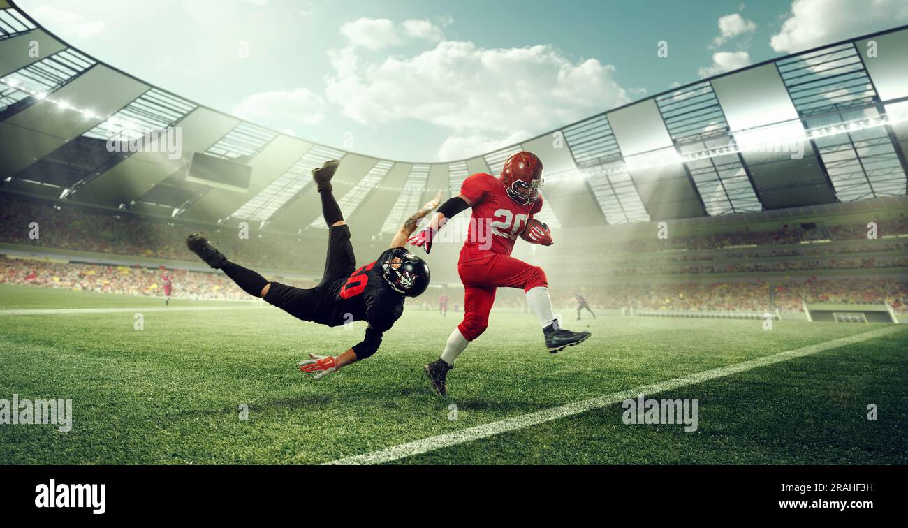 Win and lose. Image of two men, american football players in motion ...
