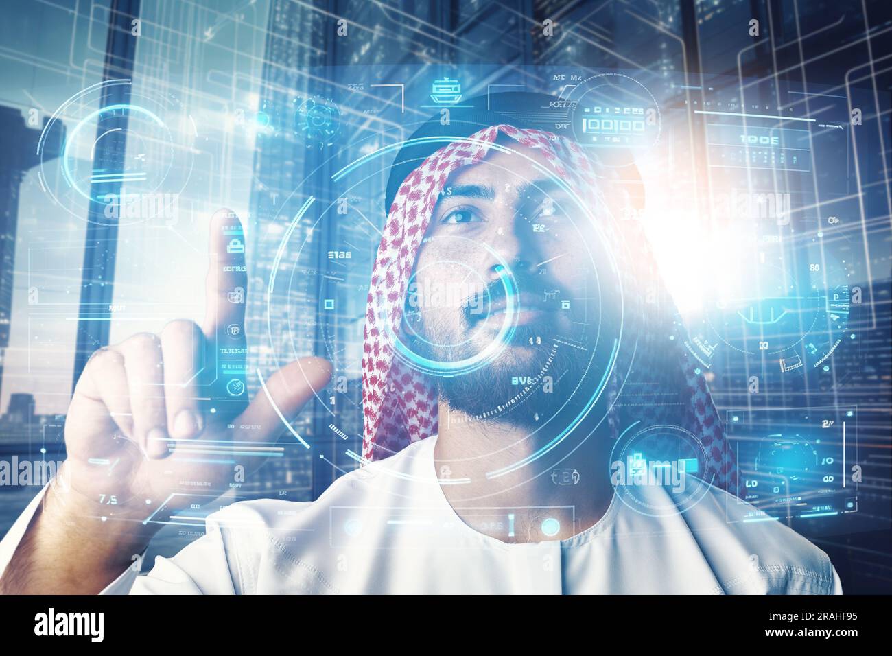 Muslim businessman working with floating data visualization screen ...