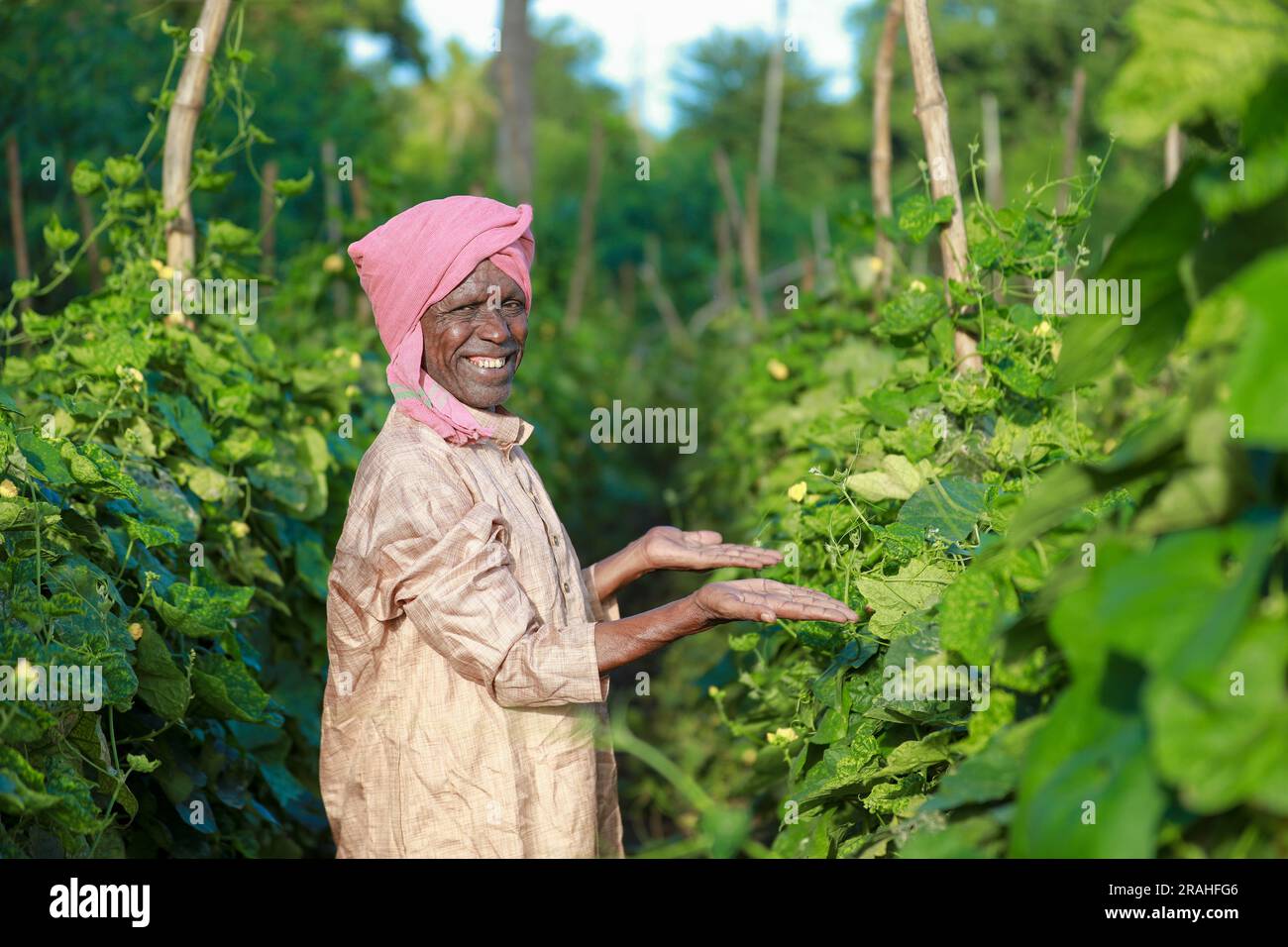 Indian farming Happy indian farmer standing in farm, sowing Empty Hands ...