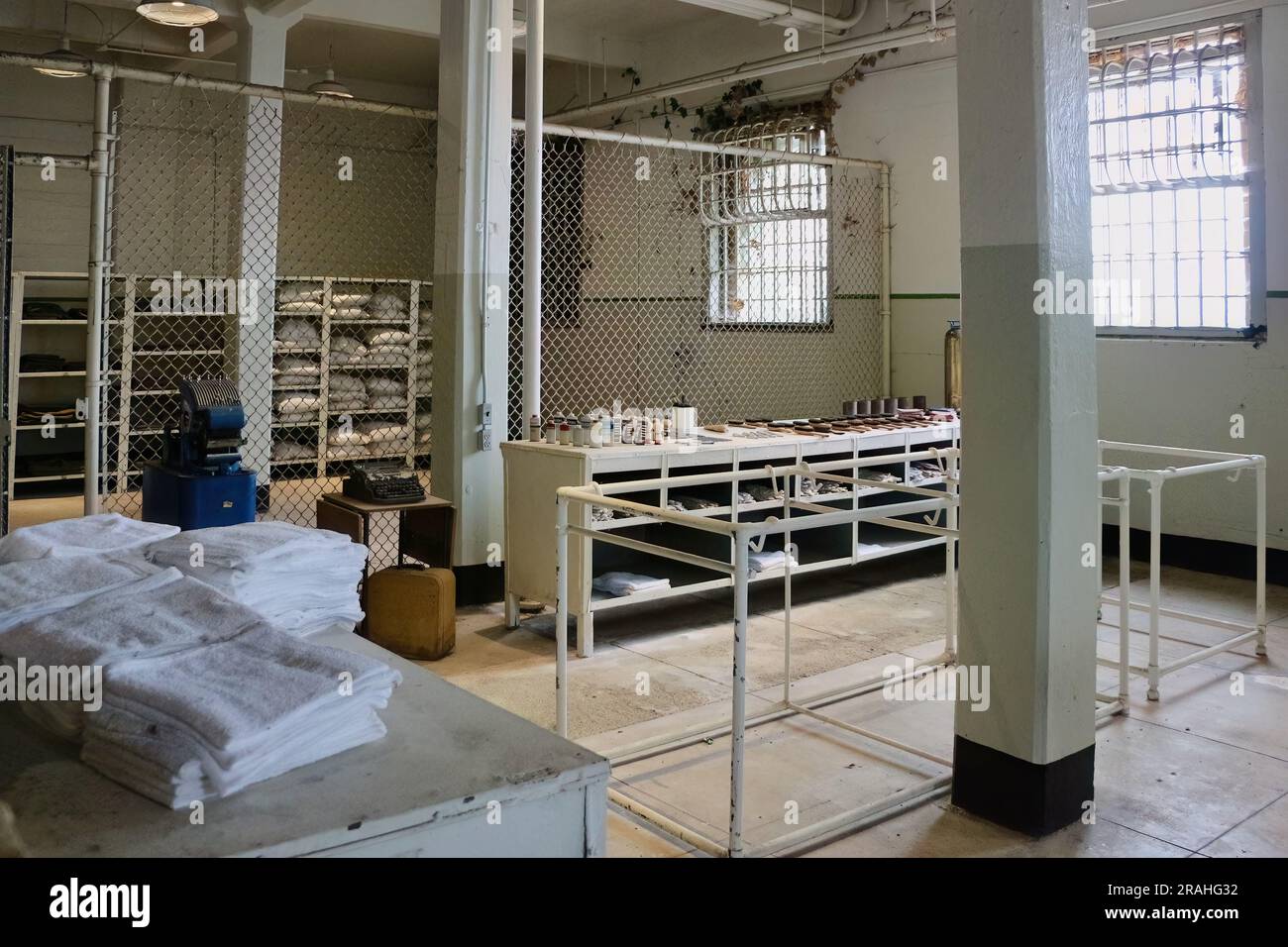Laundry room with shelves of uniforms and linen Alcatraz Federal ...