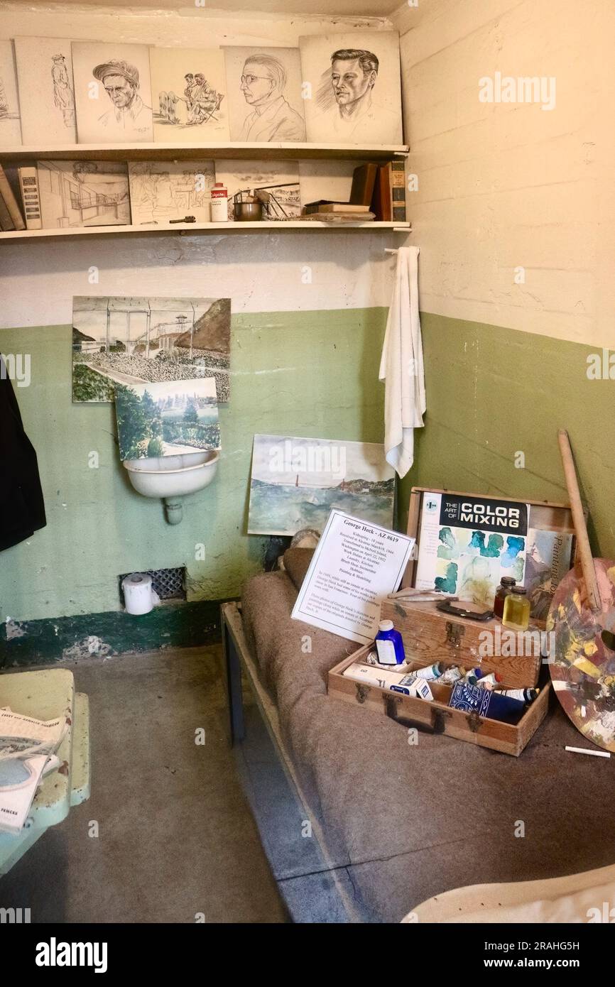 Interior of a prison cell with art equipment and artwork Alcatraz ...