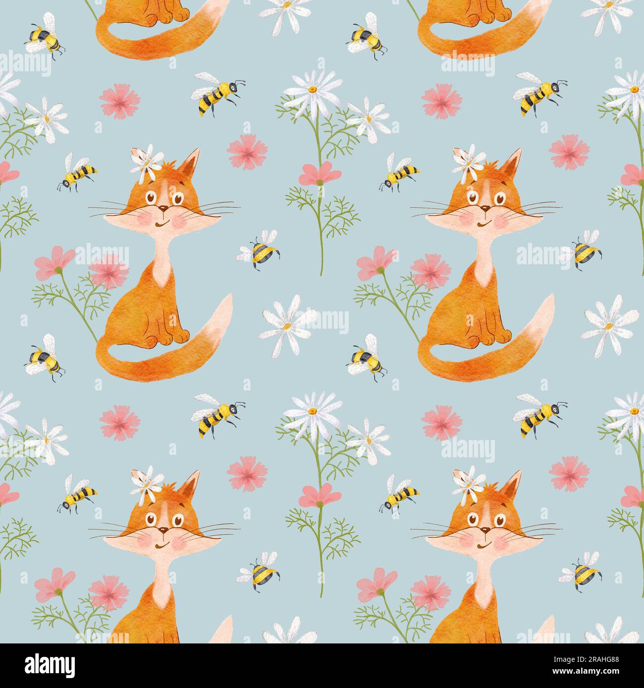 Red fox and bee. Seamless pattern with Sly, cheerful fox in flowers and ...