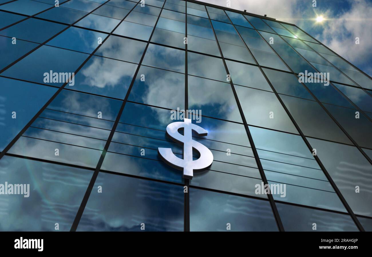 Dollar symbol USD money glass building concept. Bank economic finance ...