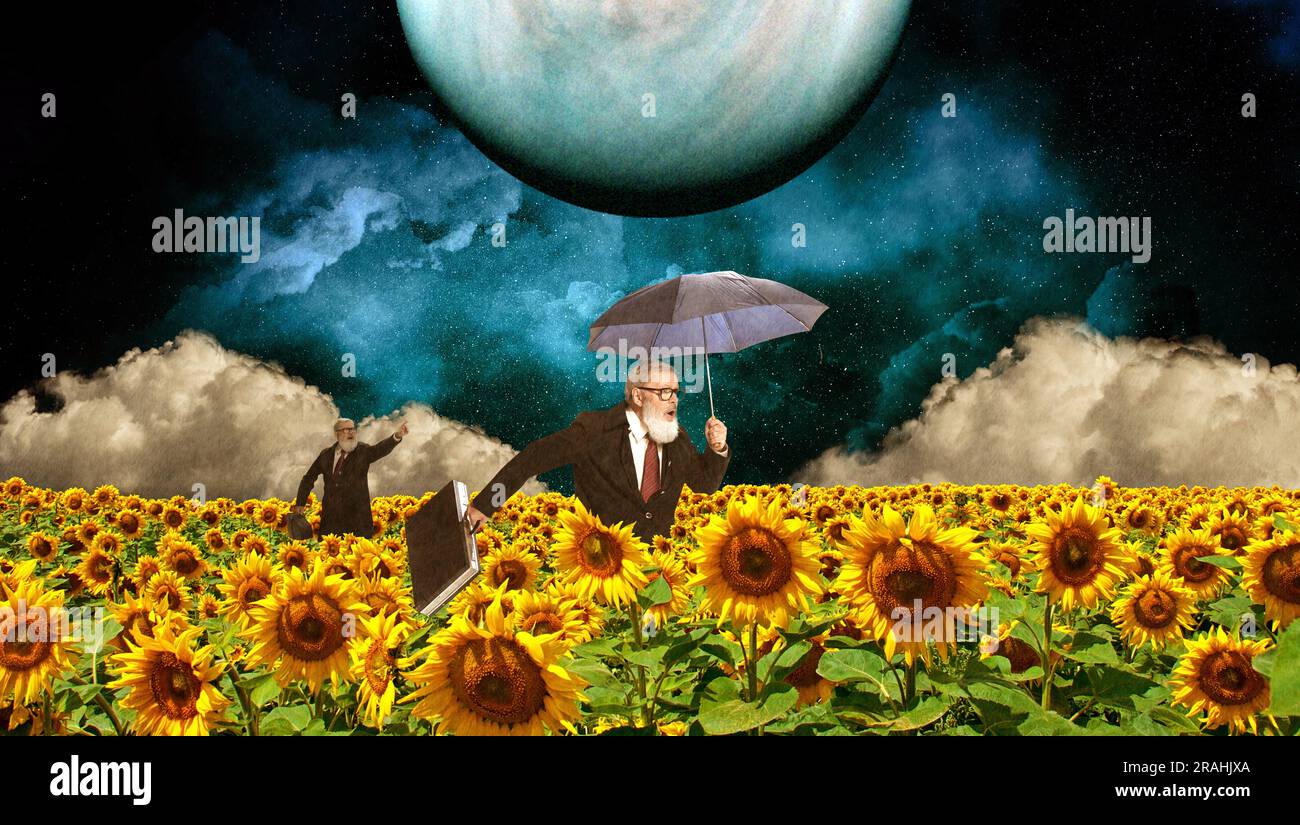 Senior man, professor running on sunflowers field over futuristic sky ...