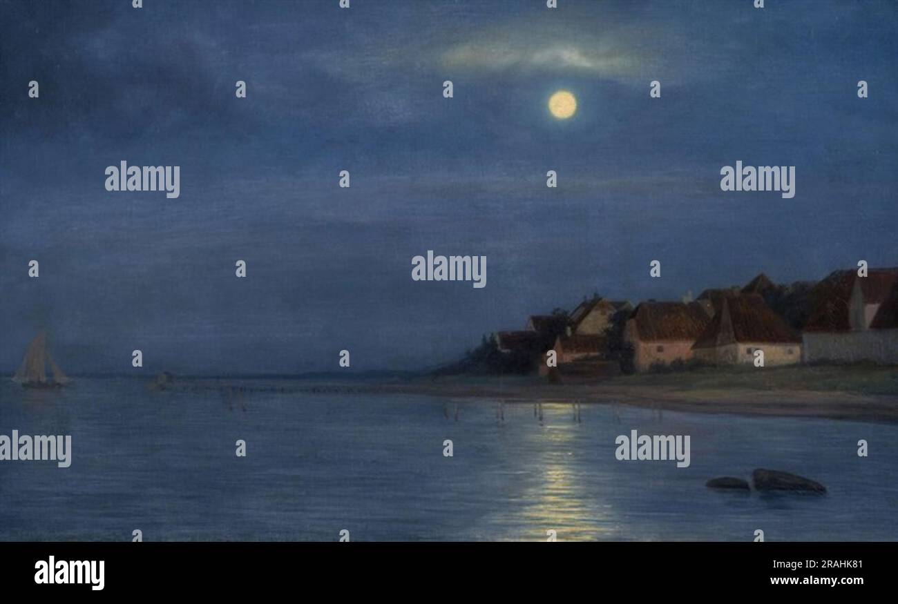 Full moon effect on the sea at Hellebaek 1885 by Carl Bloch Stock Photo ...