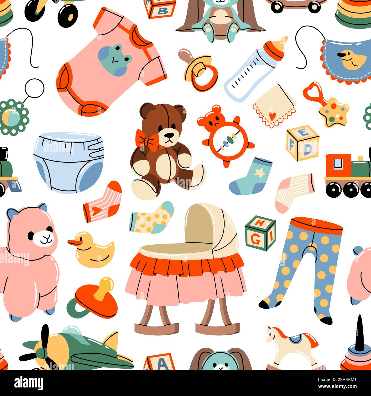 Baby supplies seamless pattern. Cartoon nursery accessories, repeated ...