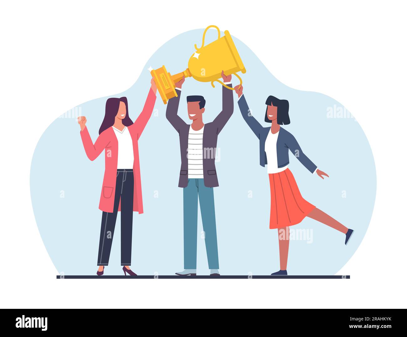 Concept of teamwork success, men and women celebrating victory with ...