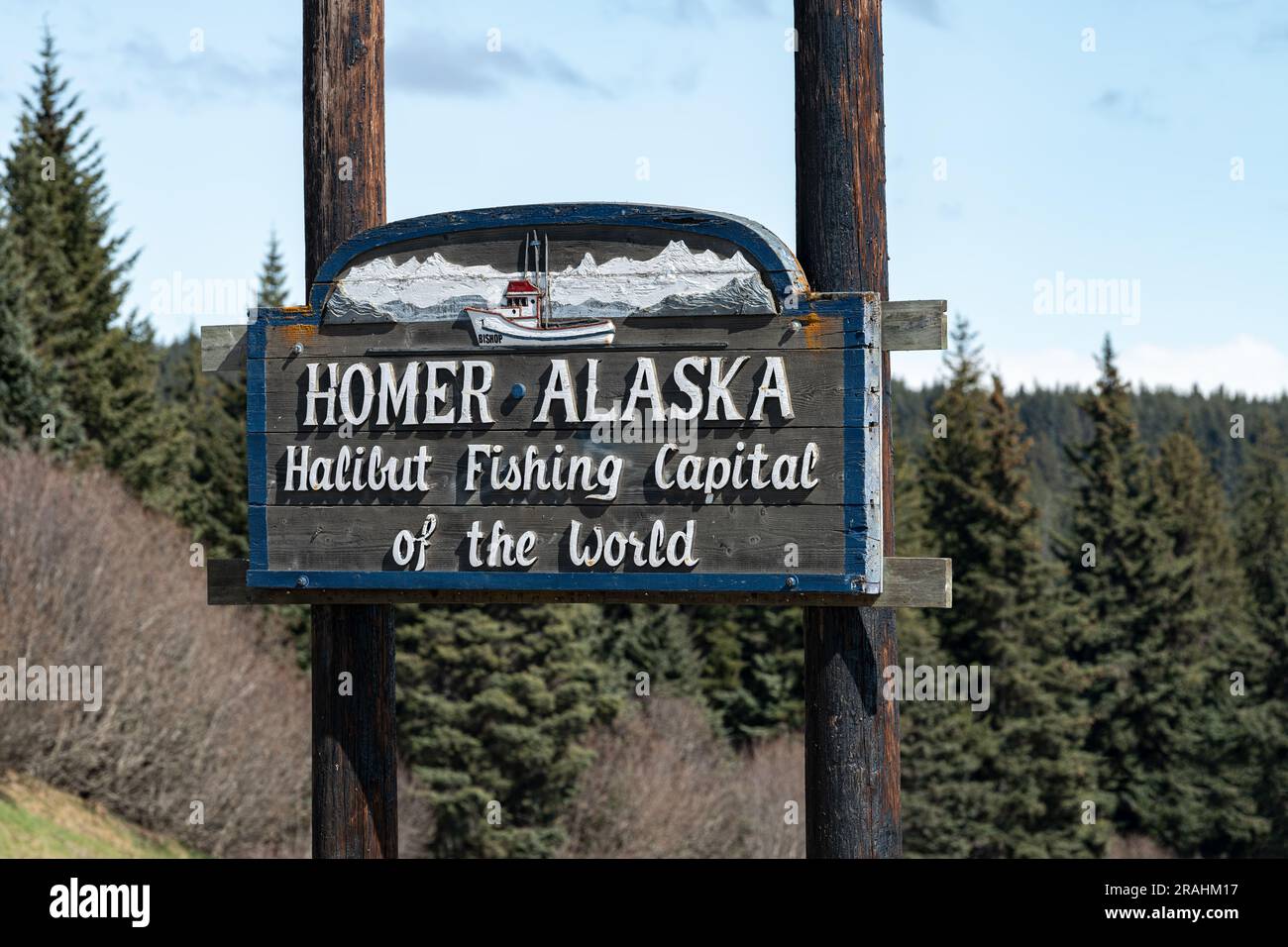 Homer "Halibut Fishing Capital" City entrance sign., Alaska, USA Stock ...