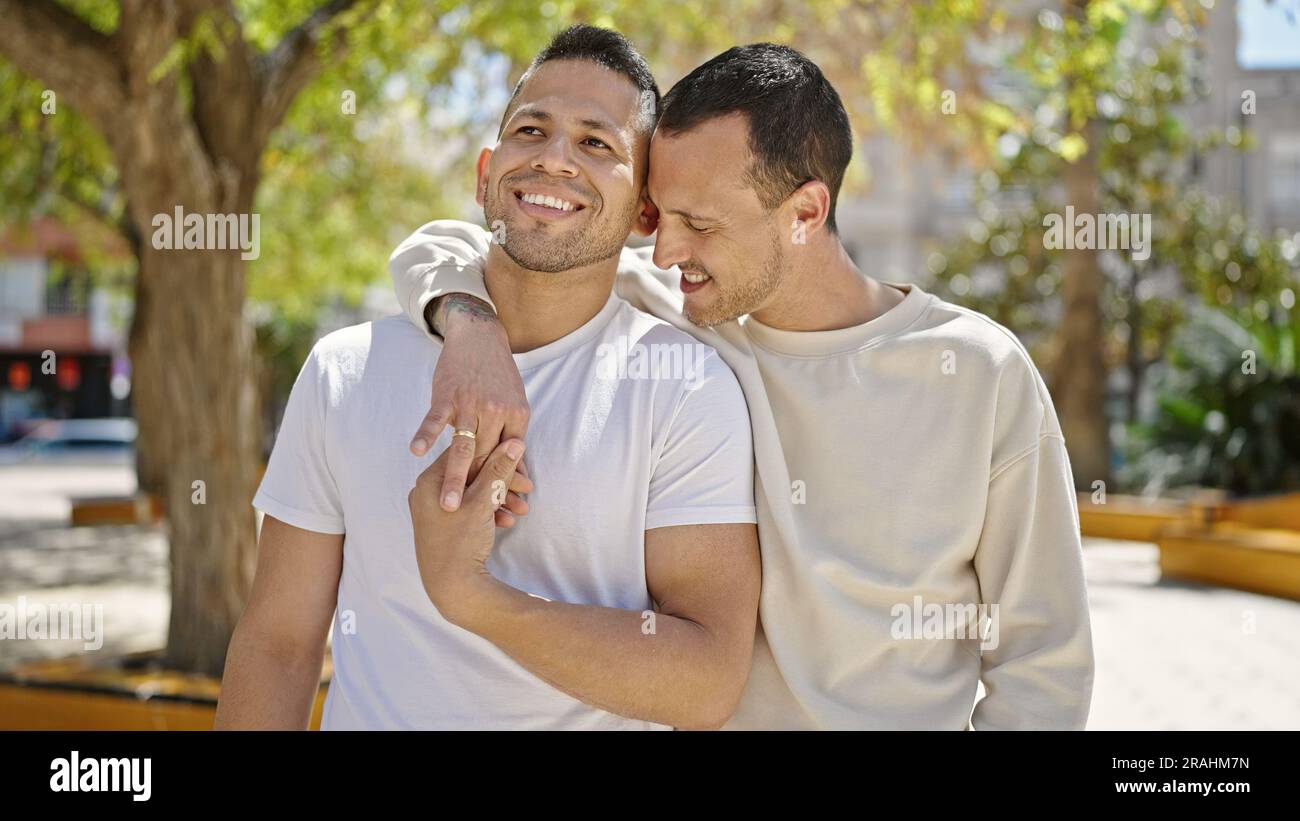 Two men couple smiling confident hugging each other at park Stock Photo ...