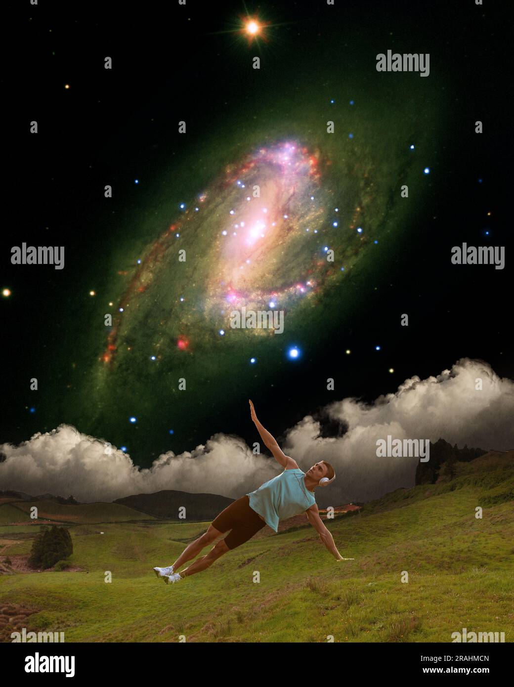 Contemporary art collage. Sportive young man, athlete in sportswear and ...