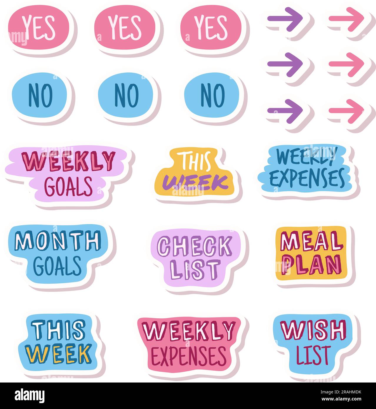 Diary stickers. Check and with list, goals and arrows, yes and no ...