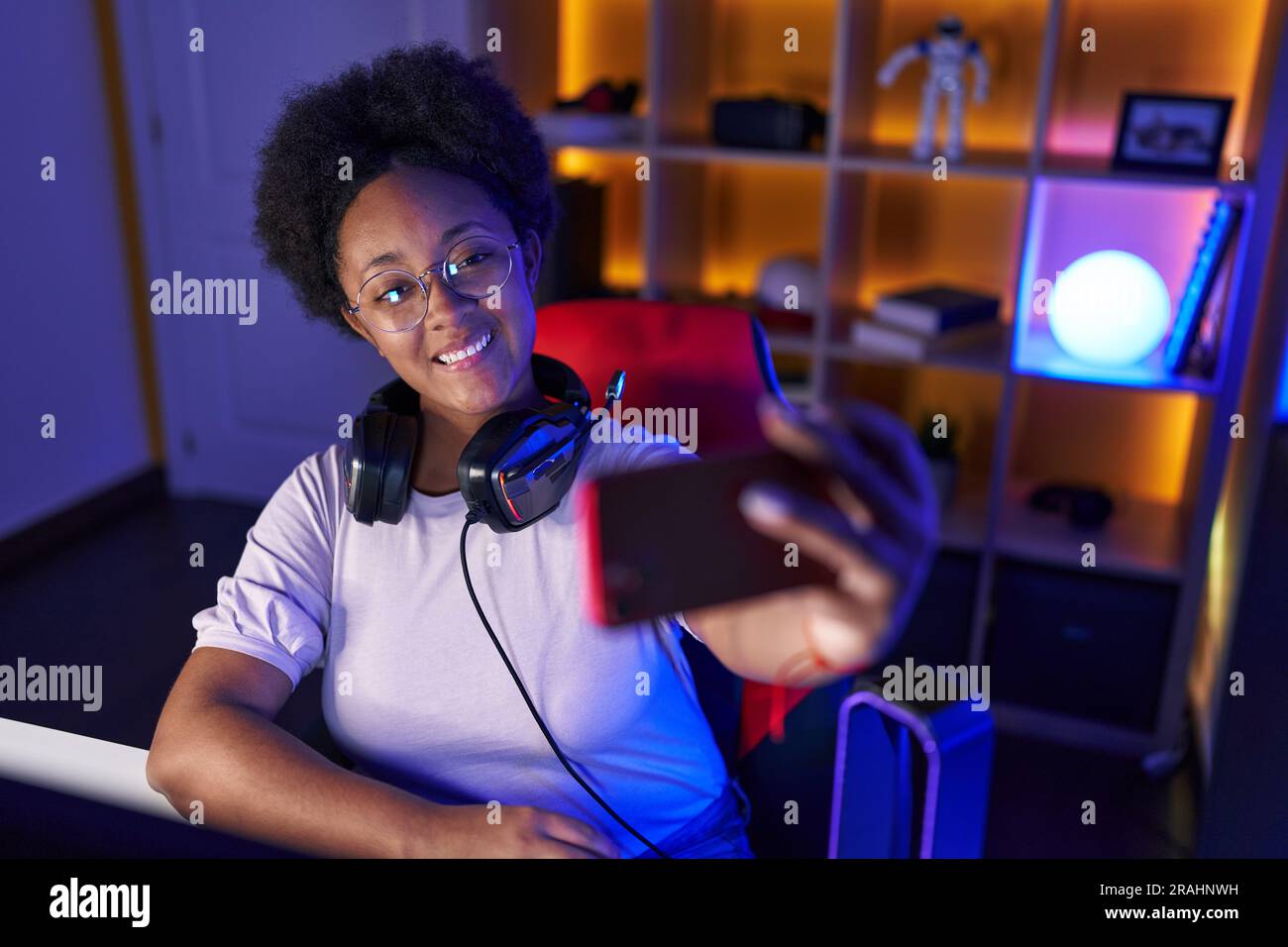 African american woman streamer smiling confident make selfie by ...