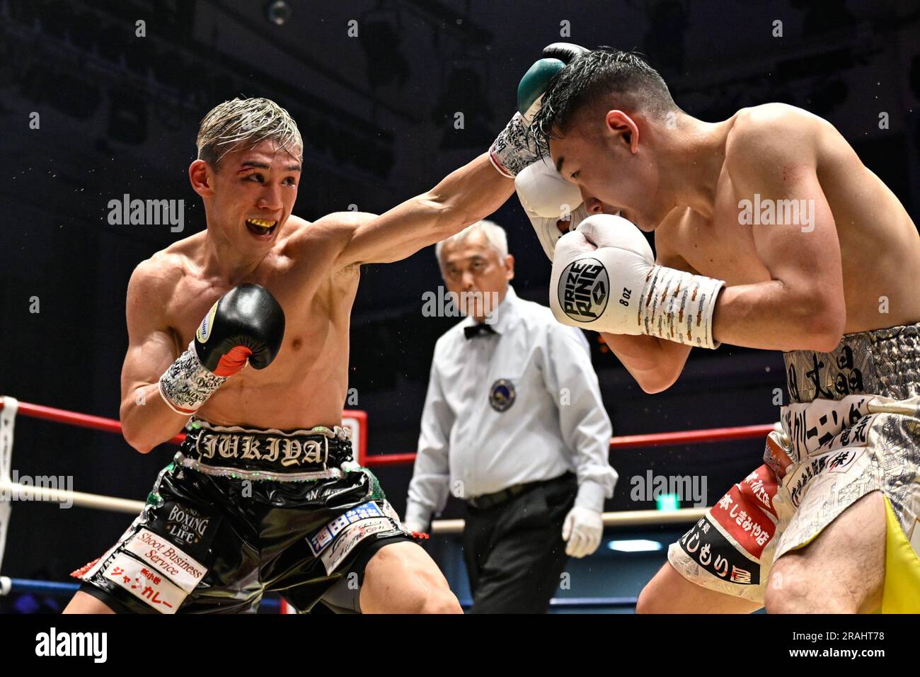 Jukiya Iimura (black gloves) hits Josuke Nagata (white gloves) in the ...
