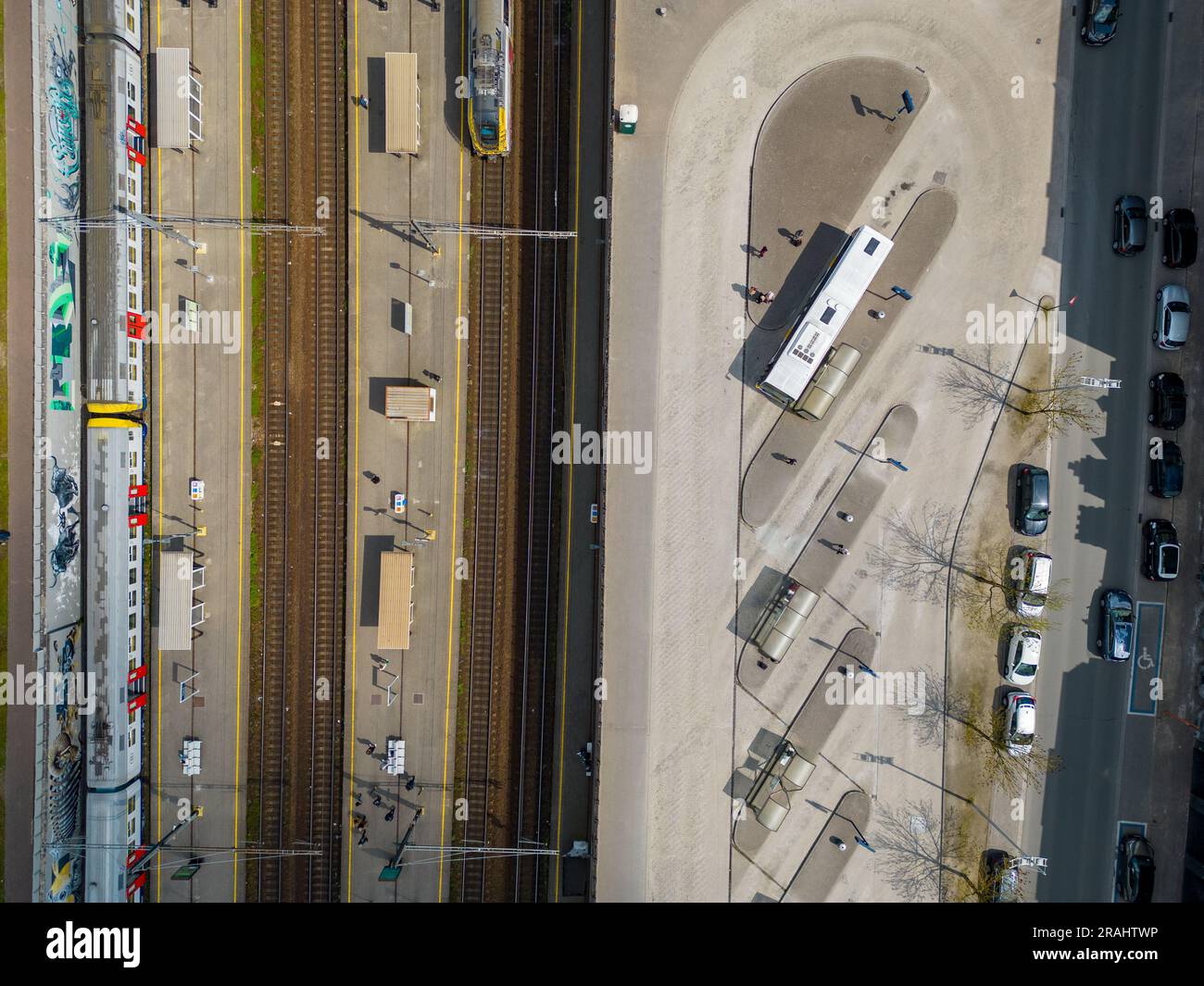 Aerial top down picture of railway station transportation hub showing ...
