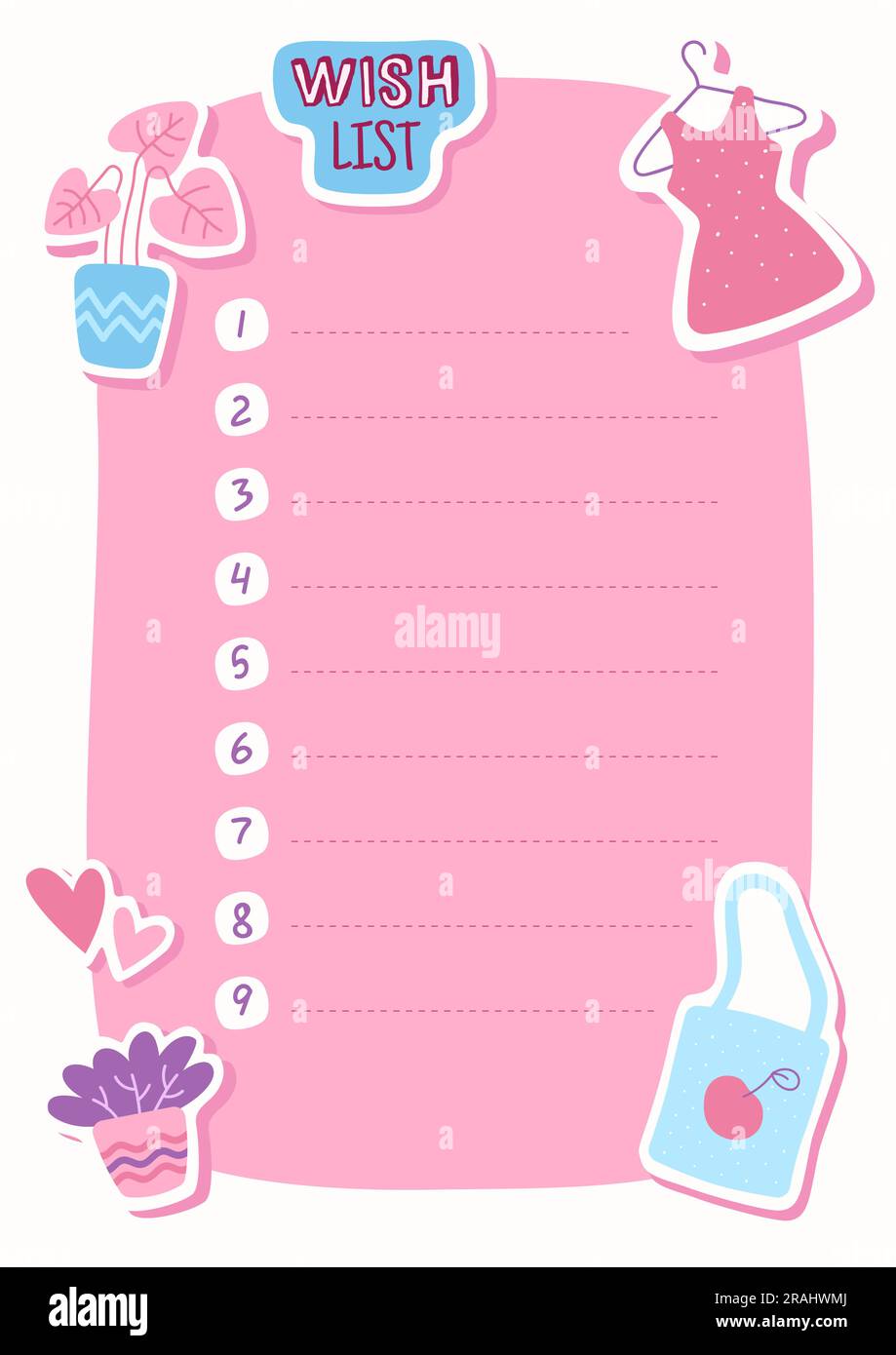 Planner paper. Wish list, frame for text with numbers, cute dress and ...