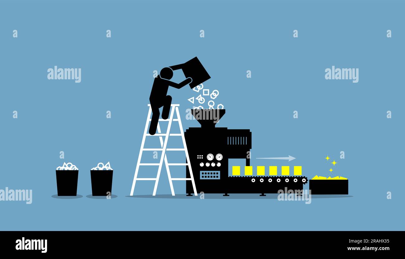 Person pouring and loading raw data into a machine and convert the data ...