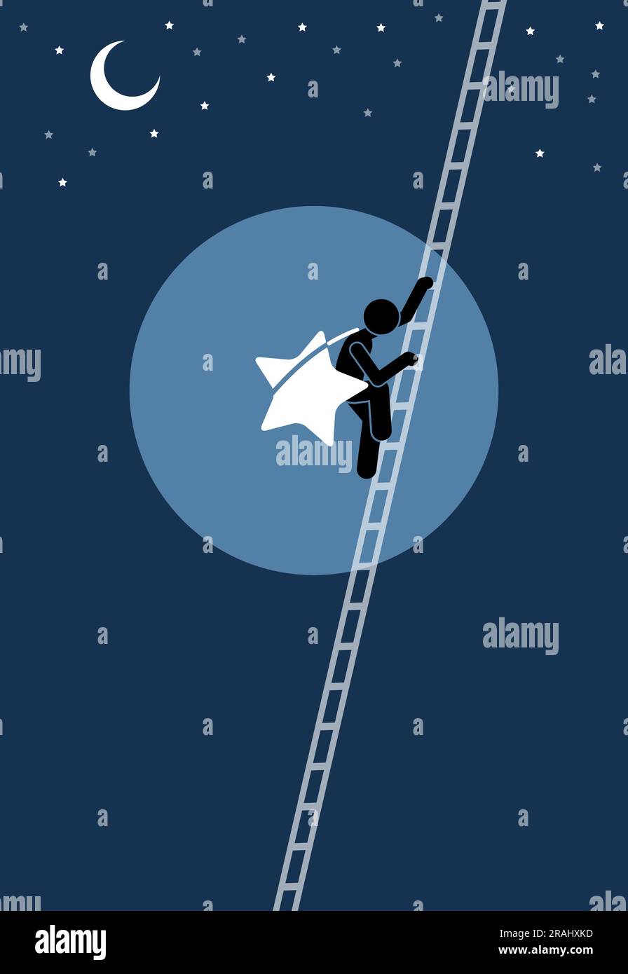 Person climbing down a long ladder after successfully take a star from ...