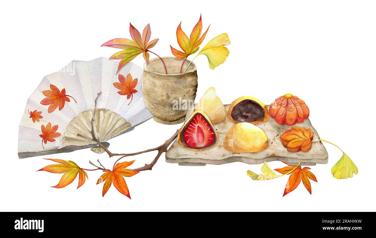 Watercolor hand drawn traditional Japanese sweets. Ceramic dish, autumn ...