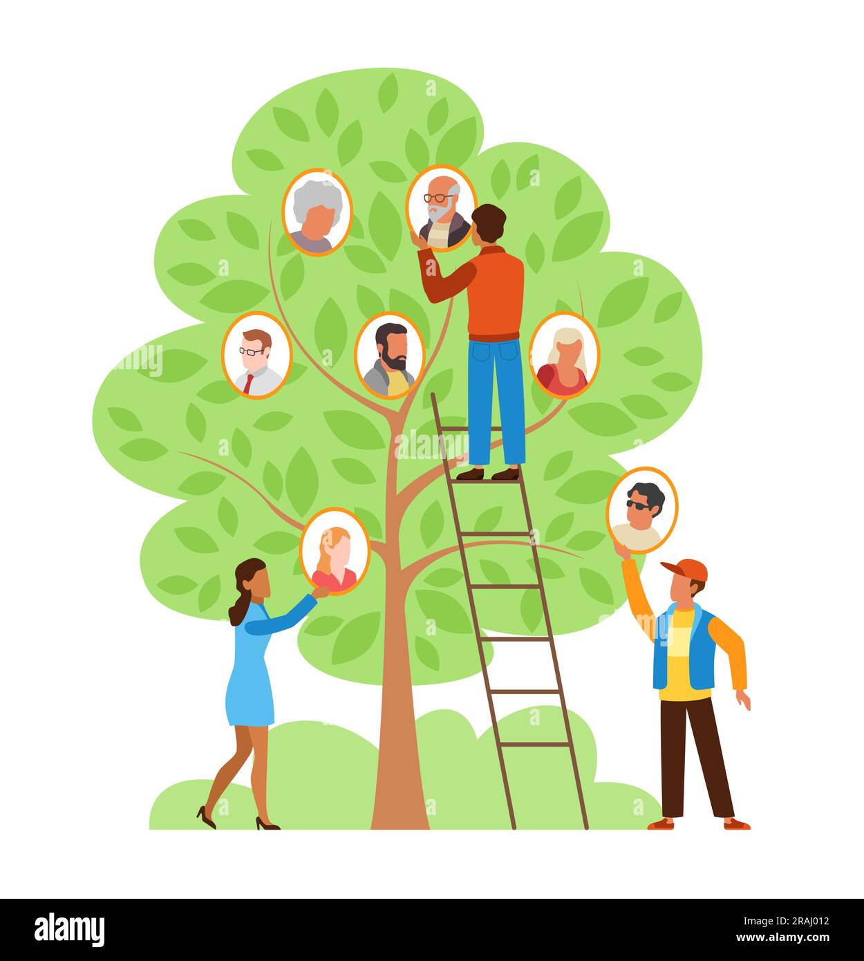 Young girls and boys make up family tree. Man on ladder, woman hold ...