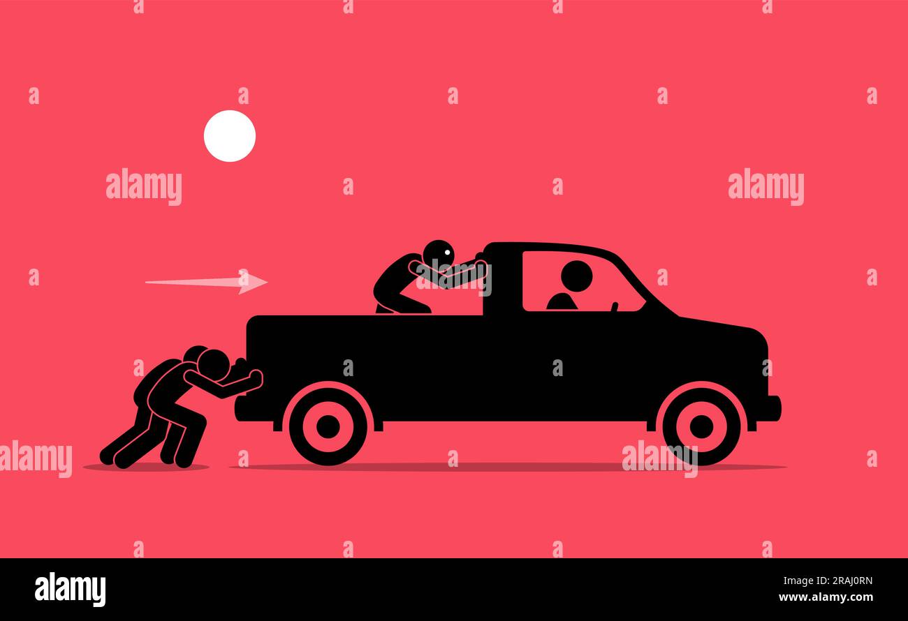 Foolish man helping people to push a broken pickup truck from the cargo ...