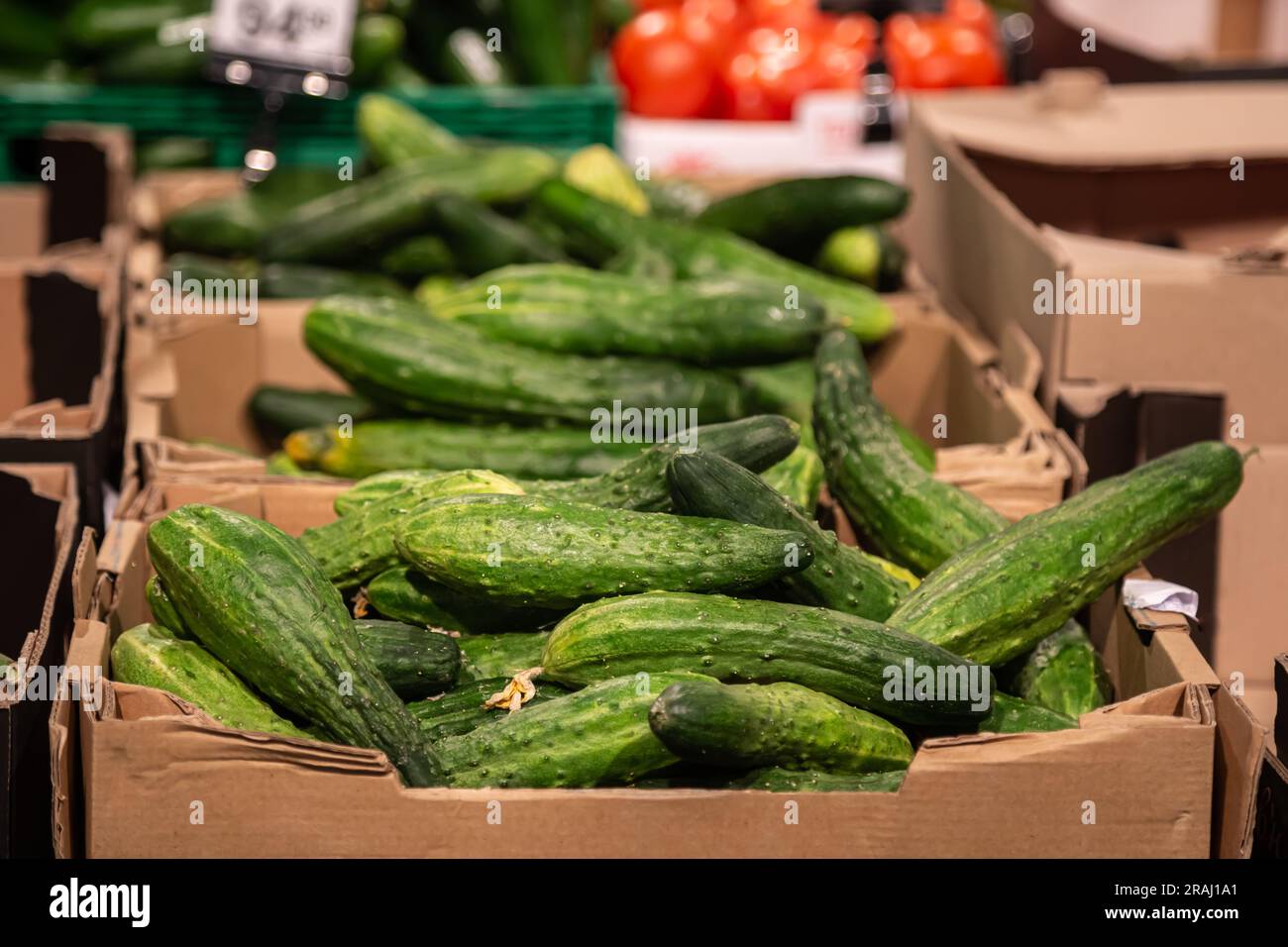 Fresh cucumber in box sale green grocery food store Stock Photo - Alamy