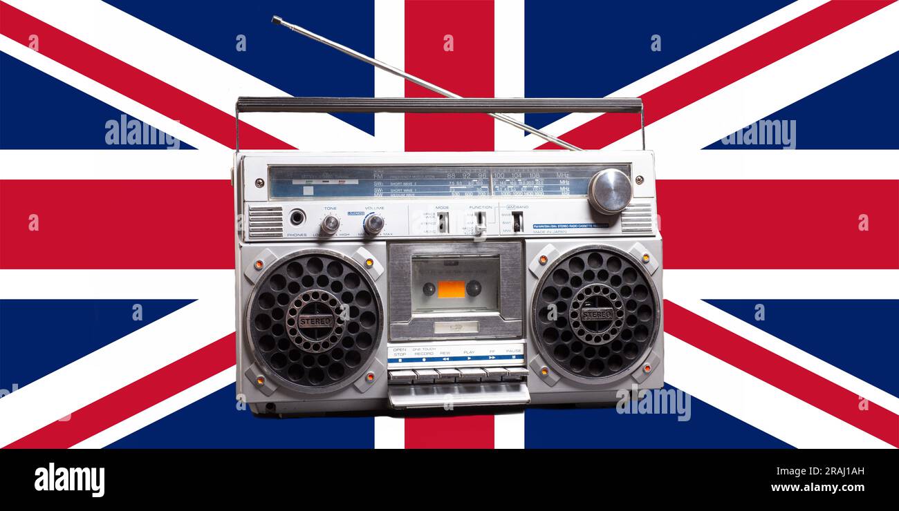 Silver retro ghetto radio boom box cassette recorder from 80s. against ...
