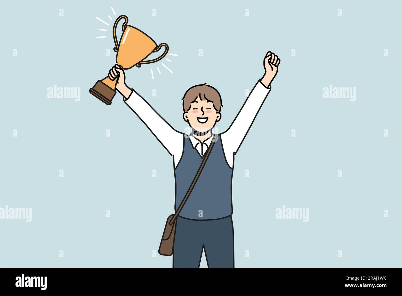Schoolboy with golden cup rejoices at award received for winning school ...