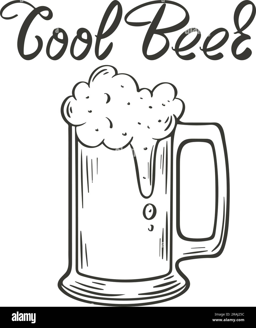 Cool Beer Handwritten Lettering And Mug With Drink Glass With Foamy Beer Ink Sketch Low