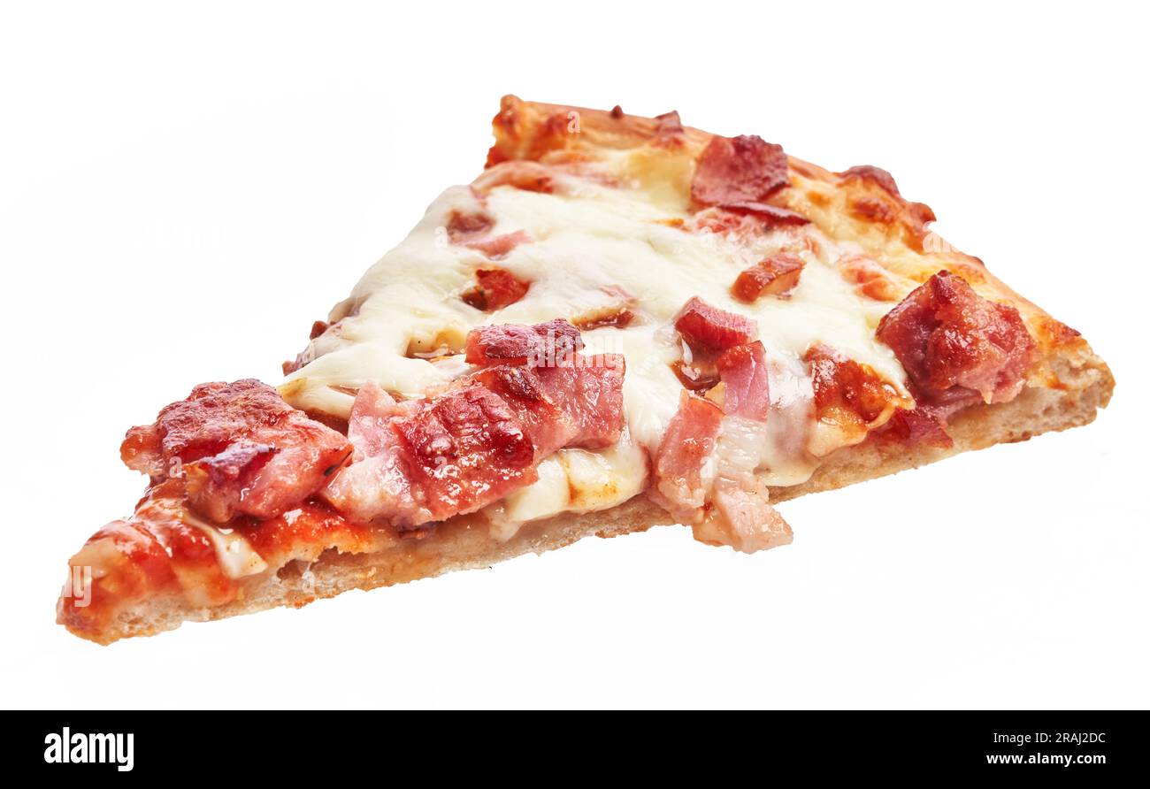 Slice of italian bacon pizza over white isolated background Stock Photo ...