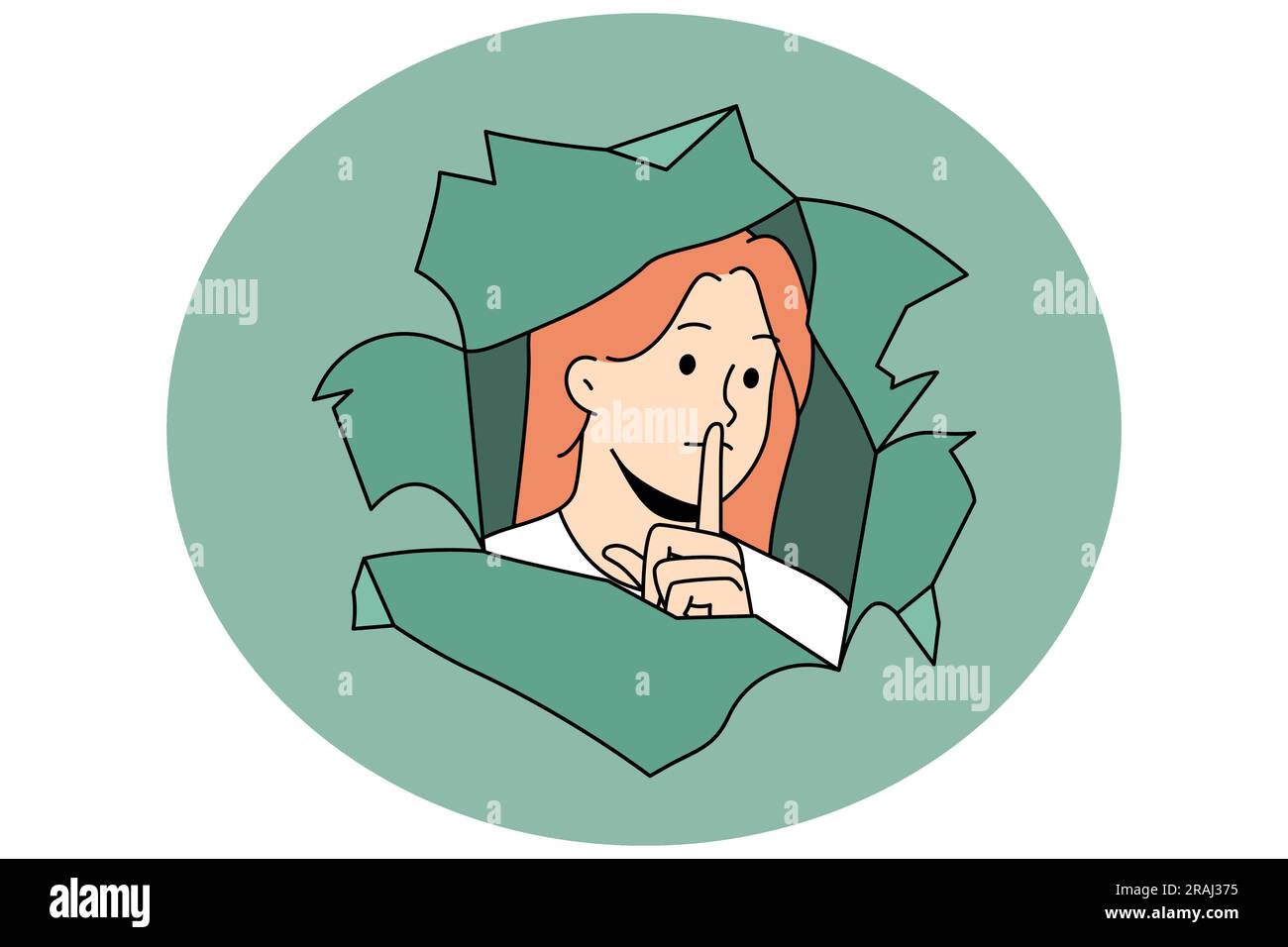 Young woman look through paper hole keep finger at lips ask for silence ...