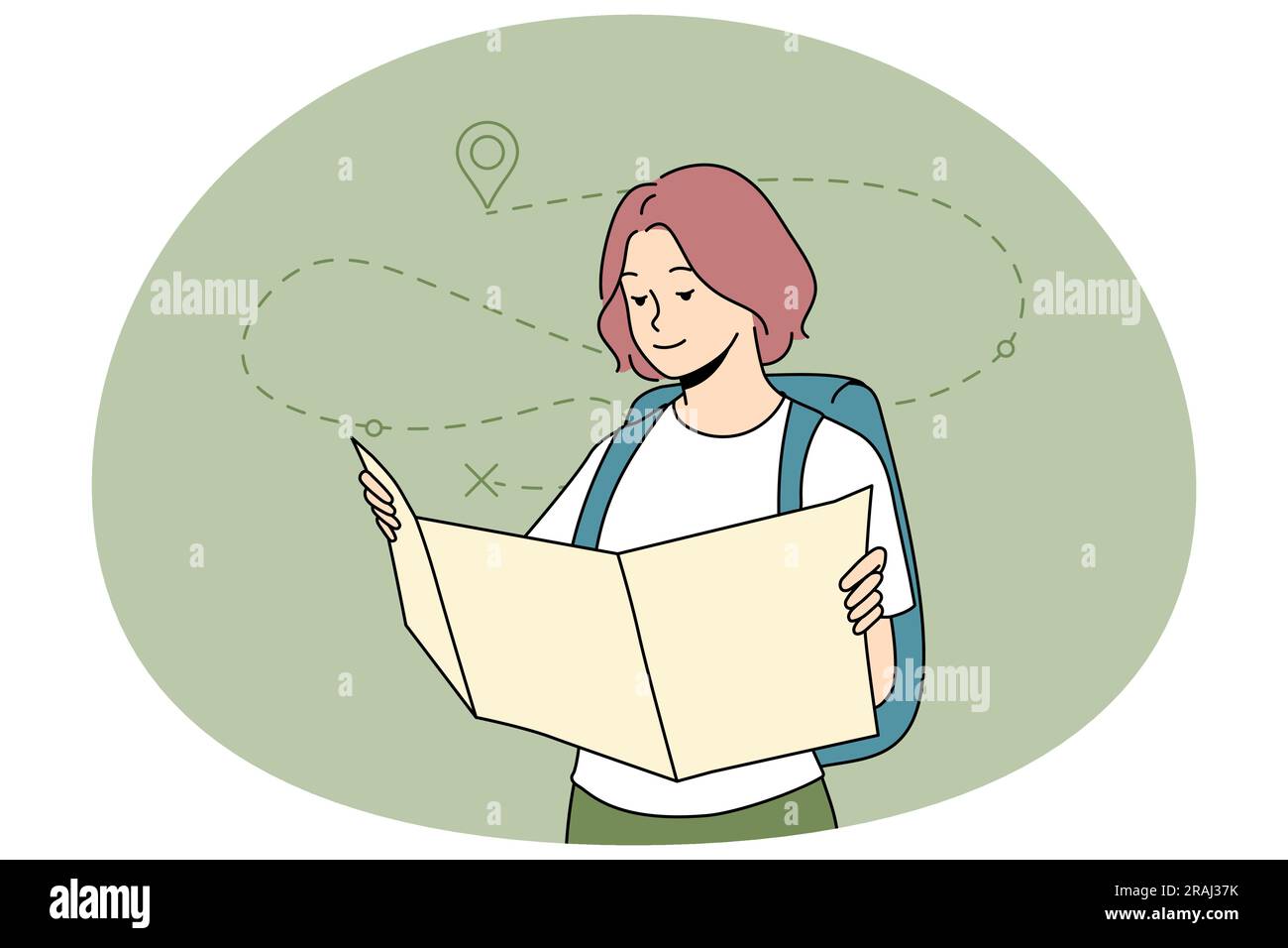 Young woman tourist looking at map planning trip. Happy girl backpacker ...