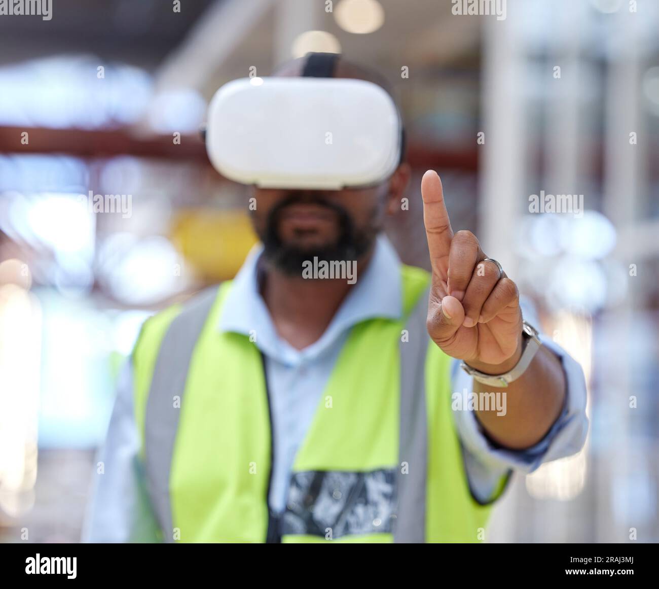 Logistics, warehouse and man in vr headset for virtual checklist ...