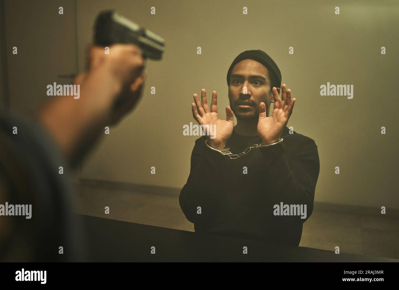 Interrogation, criminal and police with gun in jail for threatening ...