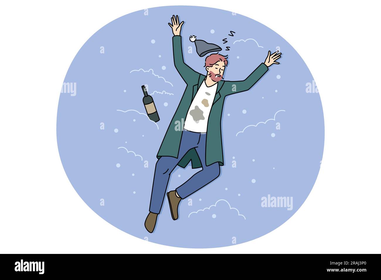 Homeless man sleeping on street on snow next to bottle. Drunk male doze ...