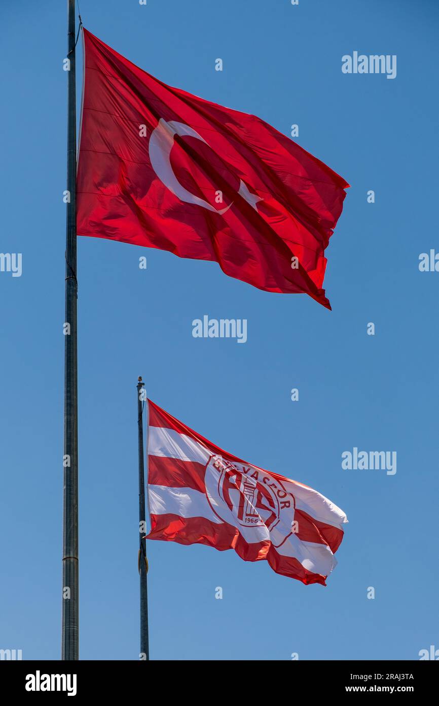 Turkish flag waving in the sky, in front of a blue background Stock ...