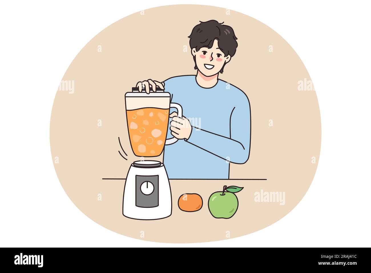 Smiling young man make fresh fruit juice in blender at home. Happy guy ...