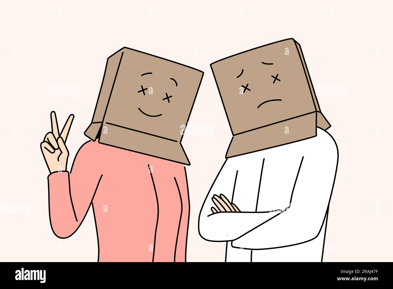 People with cardboard boxes on heads look at screen with sad or ...